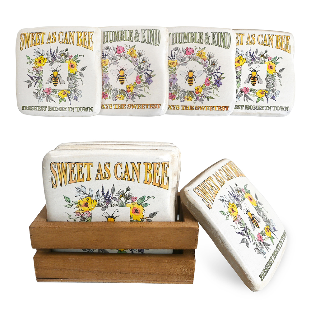 Set of 4 Bee Coasters for Drinks Vintage Square Honey Bee Coasters with ...